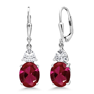 Gem Stone King 925 Sterling Silver Red Created Ruby and White Zirconia Dangle Earrings For Women (5.00 Cttw, Gemstone July Birthstone, Oval 10X8MM, Trillion 5MM)