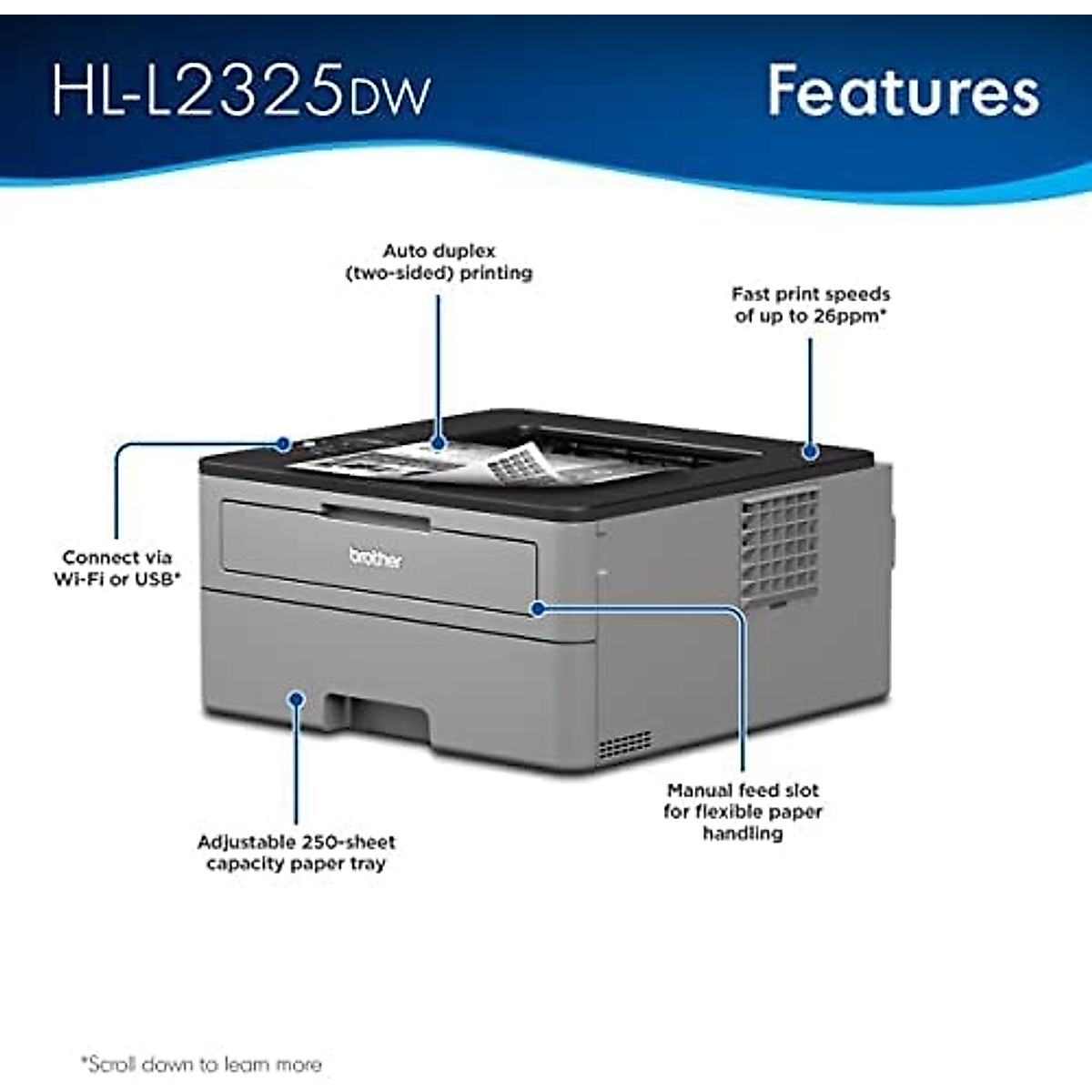 Brother HL-L2325DW Monochrome Laser Printer - Wireless Networking & Duplex Printing (2-Sided Printing), 26ppm, Mobile Printing + Printer Cable
