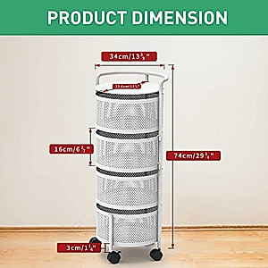 Rotating Storage Shelves Rack for Kitchen, 4-Tier Multi Layer Removable Basket Shelf Organizer on Rolling Wheels for Fruit Vegetable Grocery Corns Potato Onion (4-Tier , White)