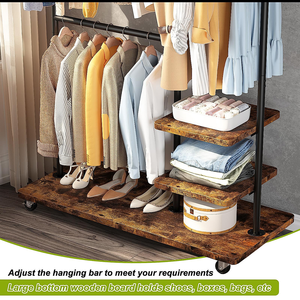 Raybee Industrial Pipe Clothes Rack Heavy Duty Clothing Racks for Hanging Clothes, 400LBS Clothes Rack with Shelves Wheels, Portable Adjustable Rolling Garment Rack for Hanging Clothes, Rustic Brown