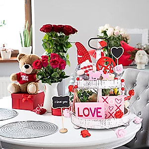 CAKKA Valentines Day Tiered Tray Decor, 11 PCS Red Gnome Pink XO Love Wooden Sign Writing Board Bead Rose Light, Valentine's Day Table Decor Ornament for The Home, Valentines Day Decor Decoration