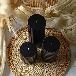 Conelist Ribbed Pillar Candles Set of 3, Width 3" High 4" 6" 8" Large Soy Wax Scented Pillar Candles Aesthetic Candles Ribbed Candles Modern Home Decor for Bathroom Living Room (Black)
