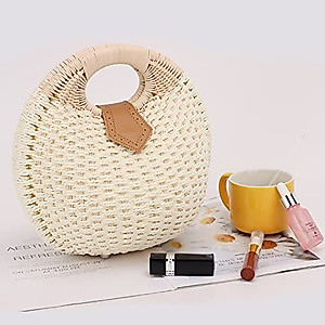 Ynport Straw Purses for Women Summer Beach Rattan Tote Bag Round Handle Ring Handbag Retro Handmade Woven Shell Bag