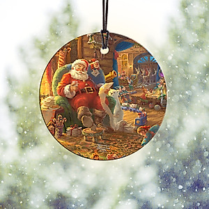 Thomas Kinkade - Santa’s Workshop - Checking His List - 3.5” Starfire Prints Hanging Glass Print Accessory – Officially Licensed Collectible | Complimentary Velveteen Gift Bag