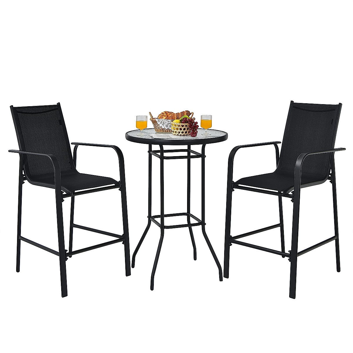 Tangkula 3 Pieces Outdoor Patio Bar Set, Outdoor Bistro Set with 2 Bar Stools and 1 Tempered Glass Bar Table, Bar Height Patio Table and Stools Set for Backyard, Garden, Lawn (Black)