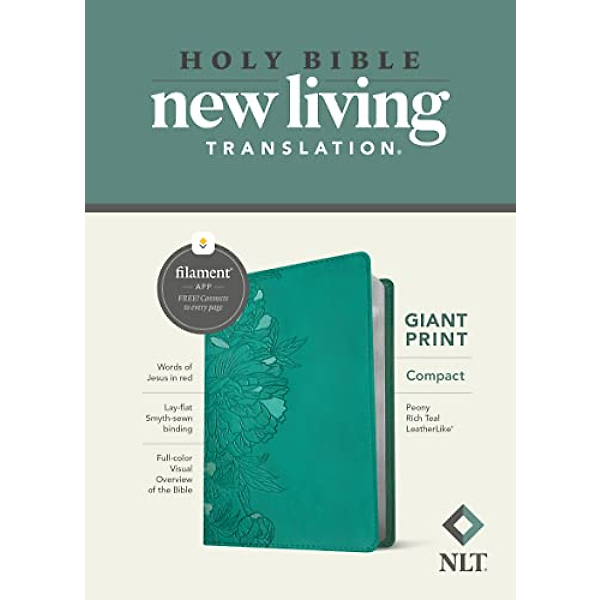 NLT Compact Giant Print Bible, Filament Enabled (LeatherLike, Peony Rich Teal, Red Letter)