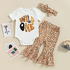 Eadrioss First Baby Girl Birthday Outfit 1st Wild One Romper Shirt Leopard Bell Bottoms One Year Old Birthday Outfit Girl