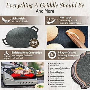 FRESHY CHEF Korean Grill Pan - 15 Inch Non-Stick Aluminum Korean BBQ Grill Pan with 2 Wooden Holders, Rack, and Storage Bag - Lightweight Aluminum Griddle Pan for Stove Top, Induction, Camp Fire