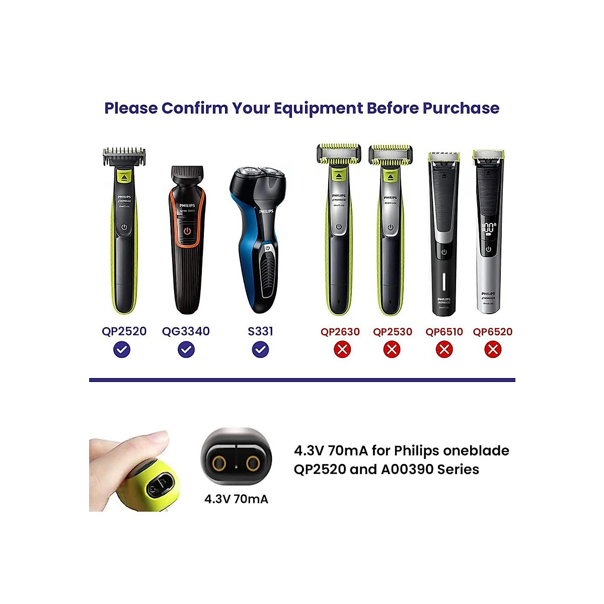 Replacement Power Cord Charger Adapter A00390 for Philips Norelco Mens Multigroom Trimmer MG5700 and OneBlade Shavers QP2510, QP2520, QP2620, QG3340