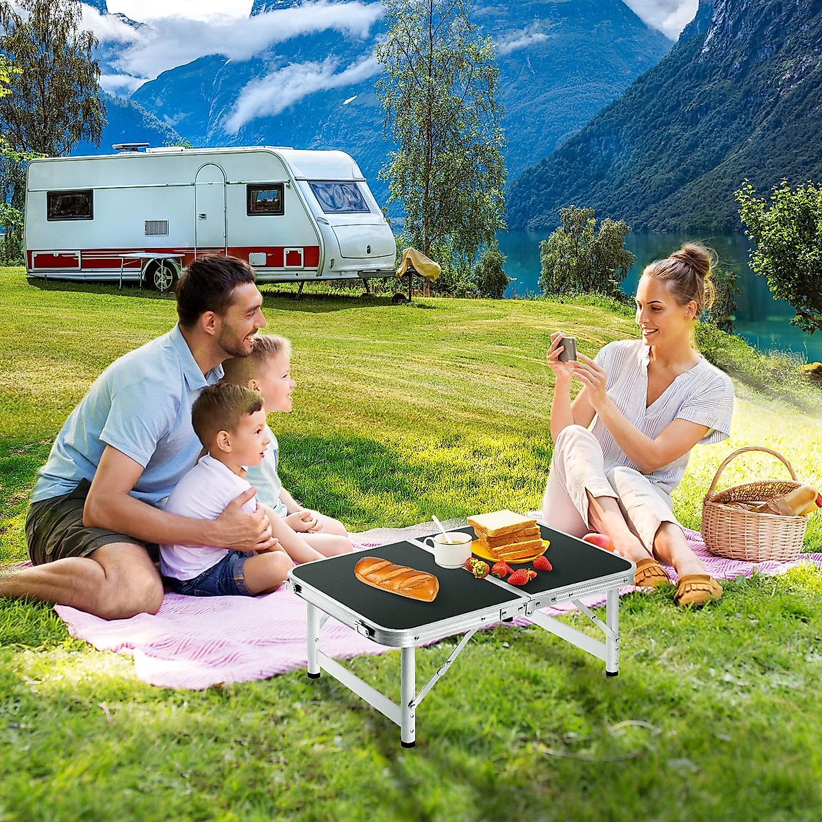 Moosinily Small Folding Table 2FT Foldable Camping Table Portable Picnic Table Aluminum 2 Height Adjustable Outdoor Beach Card Black 23.6×15.7 inch