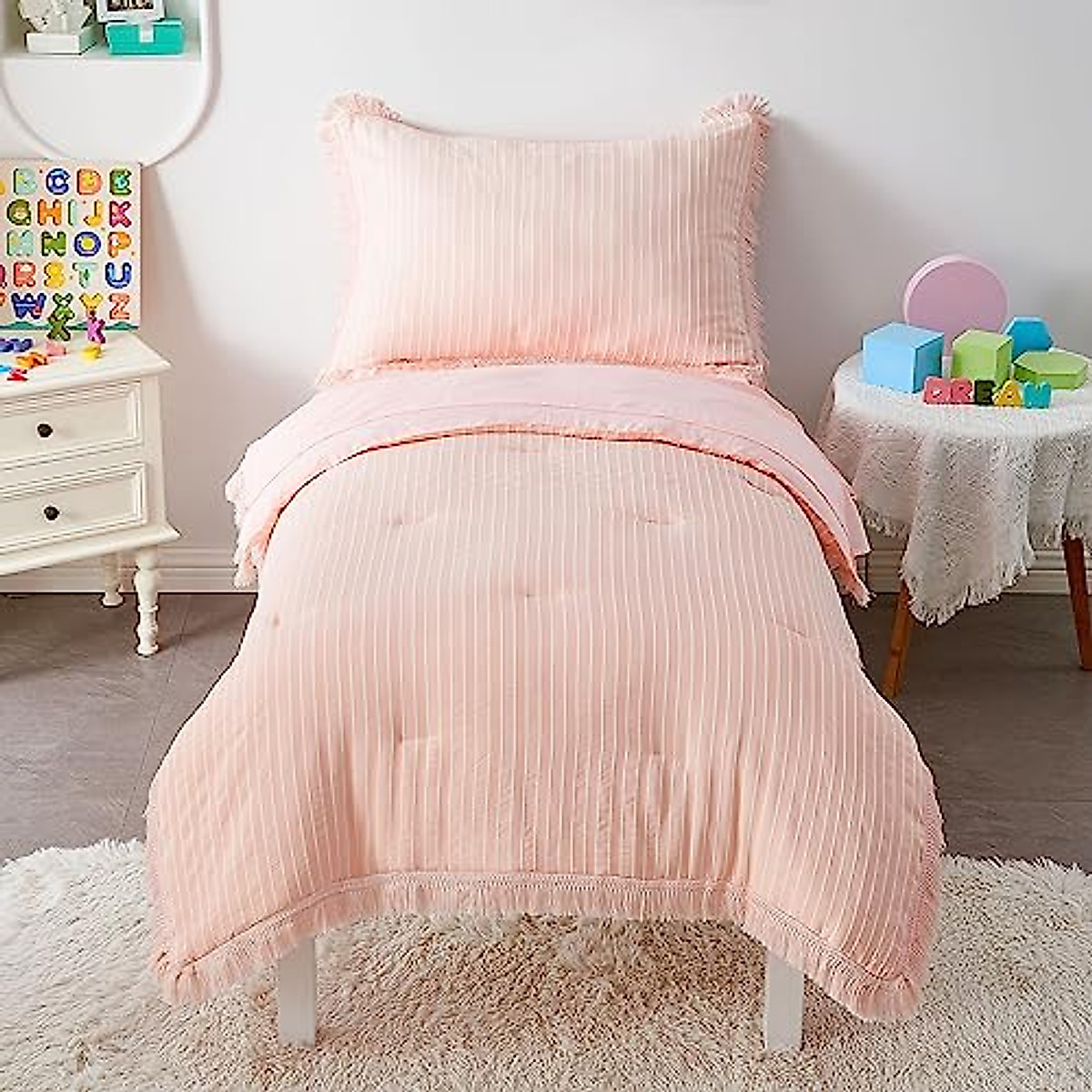 SUCHDECO Light Coral Toddler Bedding Set for Girls Pink Comforter Sets with Jacquard Stripes, Tassel Fringe 4 Pieces - Comforter, Fitted Sheet, Flat Sheet, Pillowcase