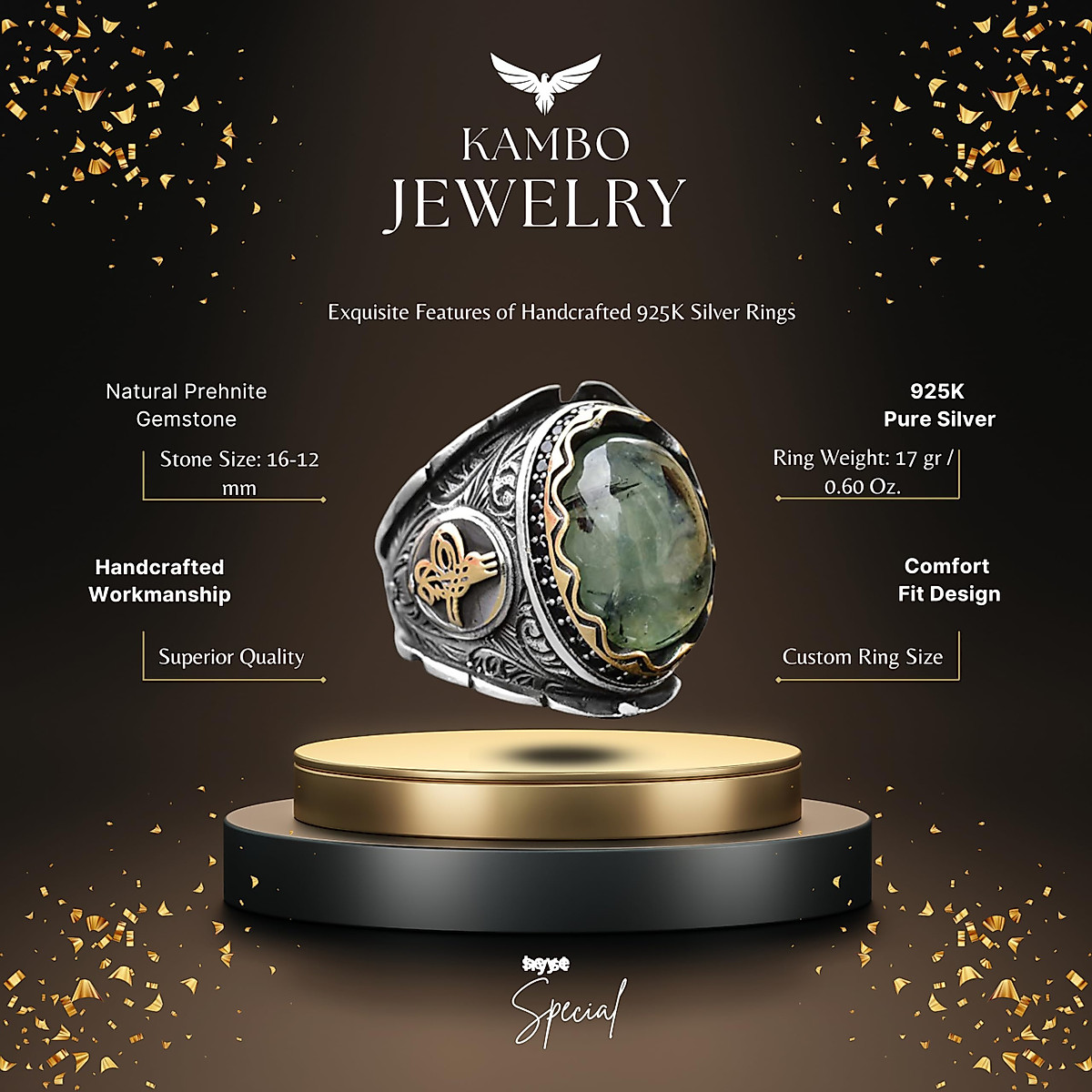 925 Sterling Silver Men's Ring with Natural Prehnite Stone, Handcrafted Unique Design, Green Gemstone Ring for Men