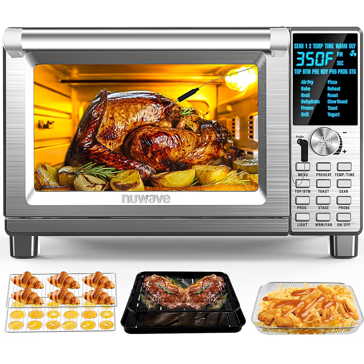 NUWAVE Bravo Air Fryer Toaster Smart Oven, 12-in-1 Countertop Convection, 30-QT XL Capacity, 50°-500°F Temperature Controls, Top and Bottom Heater Adjustments 0%-100%, Brushed Stainless Steel Look