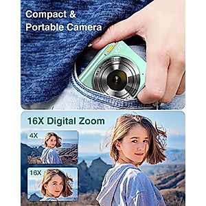 Digital Camera, Zostuic 2.7K Autofocus 48MP Kids Camera with 32 GB Card 16X Zoom Compact Portable Mini Toy Cameras Christmas Birthday Festival Gift for Kid Children Teens Girls Boys(Green)
