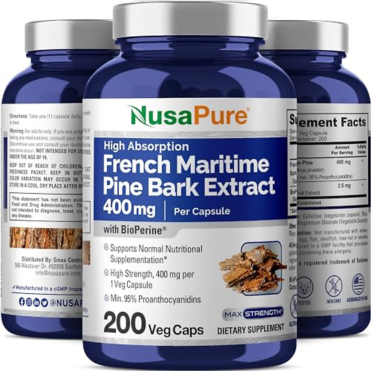 NusaPure French Maritime Pine Bark Extract 400mg per Veggie Caps 200-Day Supply Bioperine Non-GMO Vegan