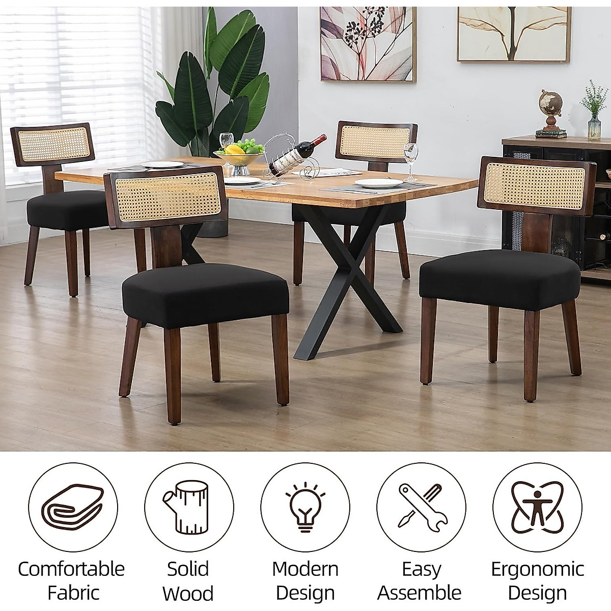 WQSLHX Rattan Dining Chairs Set of 6, Modern Kitchen Dining Room Chair with Curved Cane Back & Hardwood Frame in Dark Walnut Finish, Black Linen Upholstered