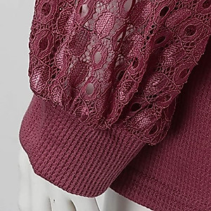 Long Sleeve Tshirts for Women Crewneck Lace Hollow Sleeve Waffle Plain Fall Tops Shirts Summer Casual Tee Trendy O Round Neck Tunic Blouses Spring Autumn T-shirts to Wear Solid Color White