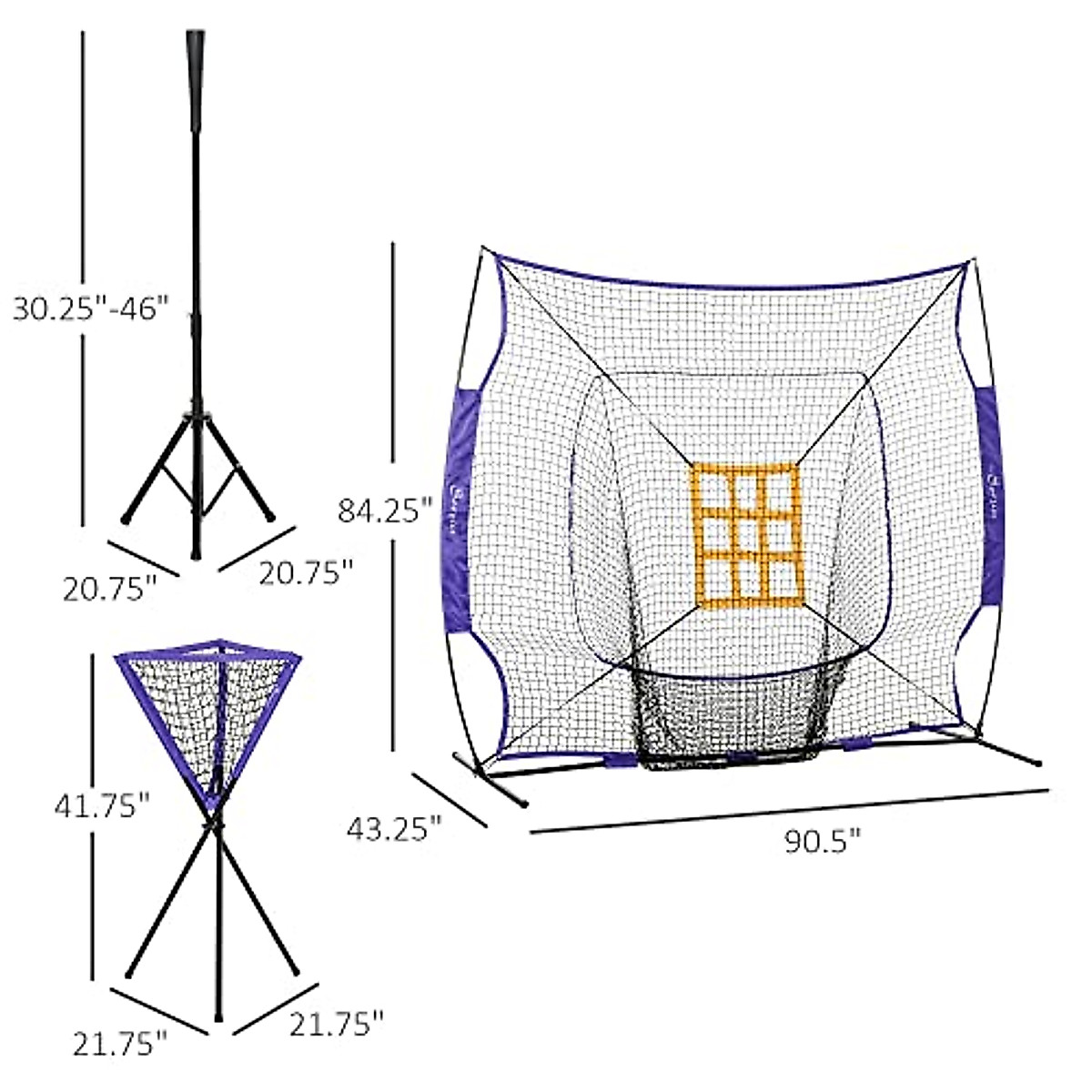 Soozier Baseball Practice Net Set with 7.5x7ft Catcher Net, Ball Caddy and Batting Tee, Portable Baseball Practice Equipment with Carry Bag for Hitting, Pitching, Batting, Catching, Purple