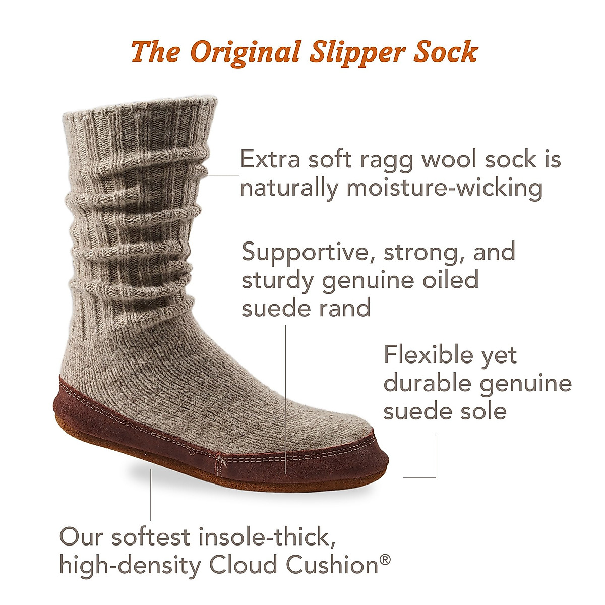 Acorn Unisex Slipper Socks, Flexible Cloud Cushion Footbed with a Suede Sole, Mid-Calf Length, Light Grey Ragg Wool, 11-12 US Women