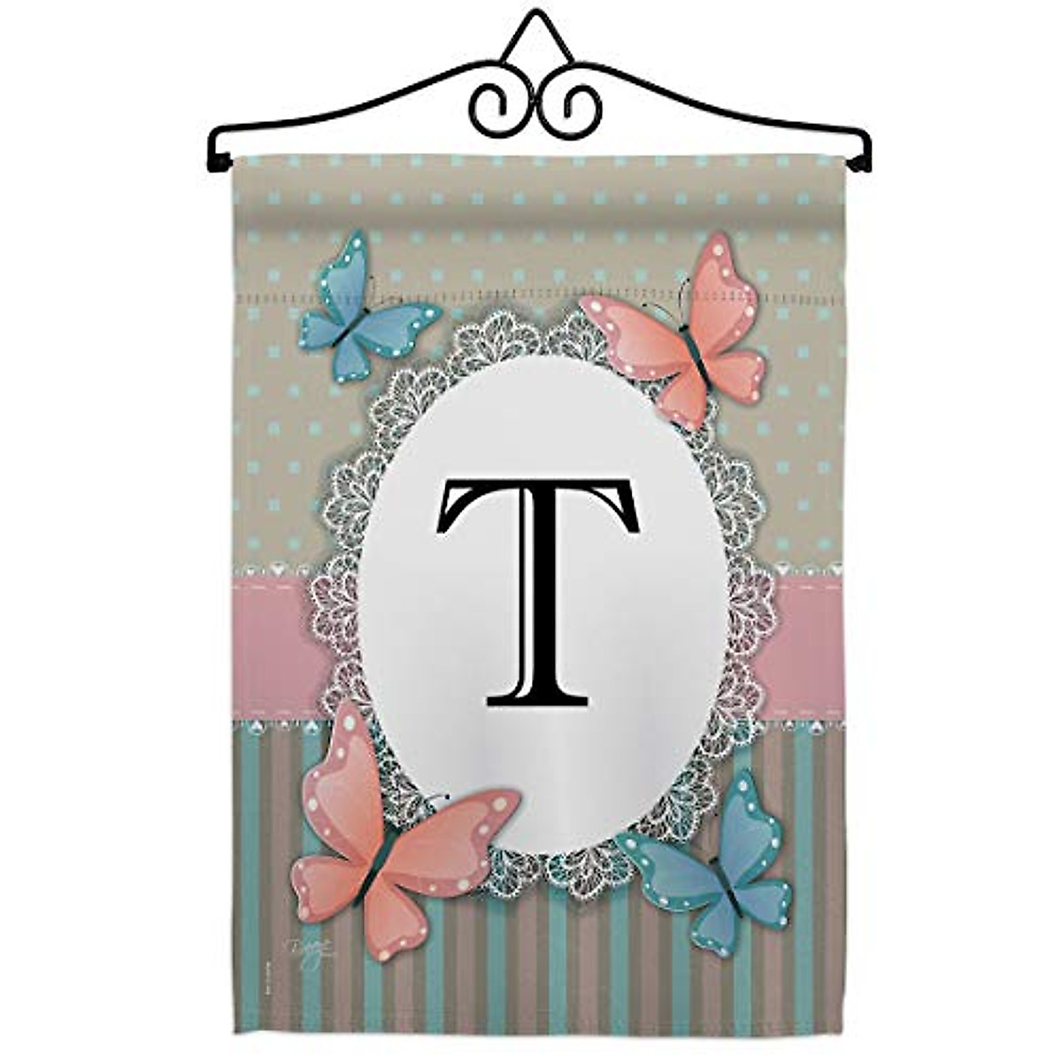Breeze Decor T Initial Garden Flag Set Wall Hanger Monogram Friends Bugs & Frogs Butterfly Ladybugs Dragonfly Bee Springtime Insect Natural Wildlife House Yard Gift Double-Sided, Made in USA