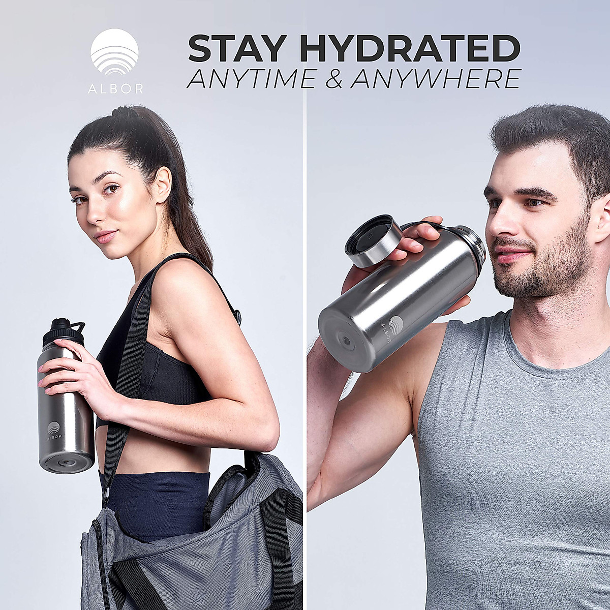Albor 32 oz Insulated Water Bottle With Chug Lid and Straw, Plus Carry Lid for Travel, Leak Proof Stainless Steel Water Bottle for Gym and Travel (Steel)
