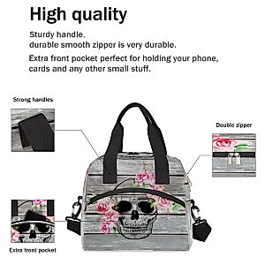 Insulated Lunch Bag for Women Men Rustic Wood Goth Skull Pink Flower Lunch Box Reusable Lunch Cooler Bag Large Lunch Tote Bag for Work Picnic Travel School
