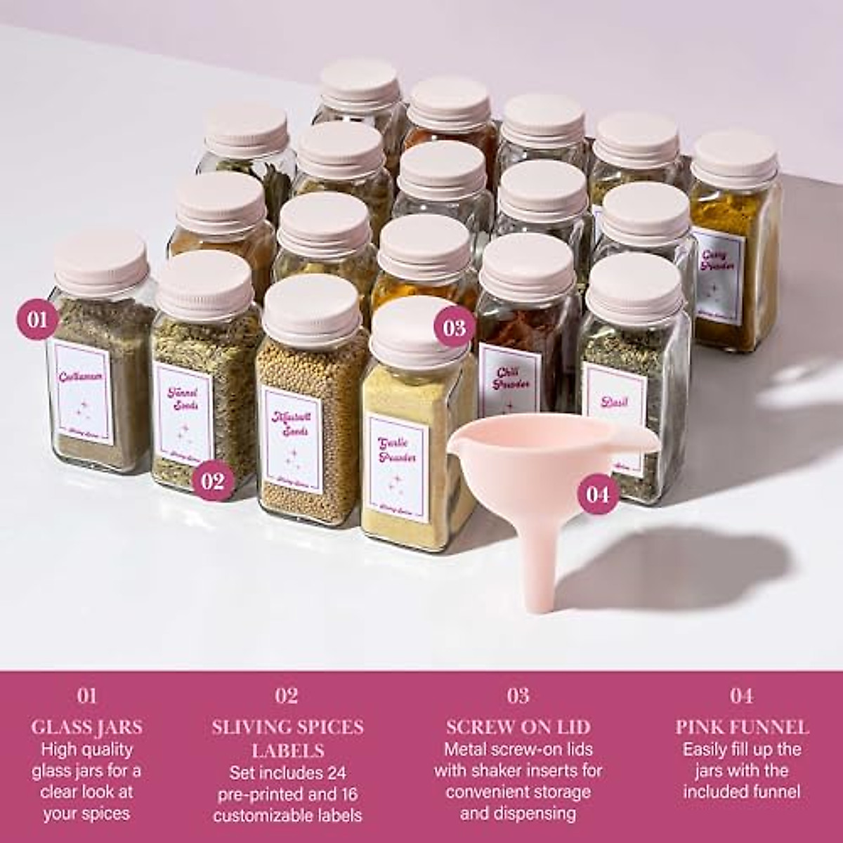 Paris Hilton Glass Spice Jar Storage Set, 4-Ounce Empty Spice Jars with Labels, Shaker Caps and Metal Lids, Collapsible Funnel Included, 20-Piece, Pink