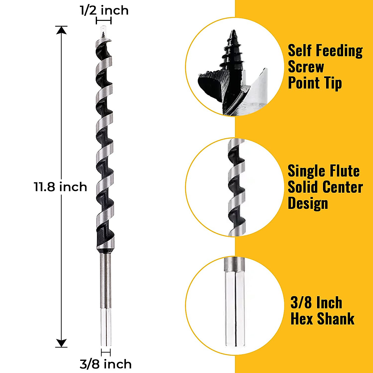SOMADA 1/2-Inch x 12-Inch Auger Drill Bit for Wood, Hex Shank 3/8-Inch, Ship Auger Long Drill Bit for Soft and Hard Wood, Plastic, Drywall and Composite Materials