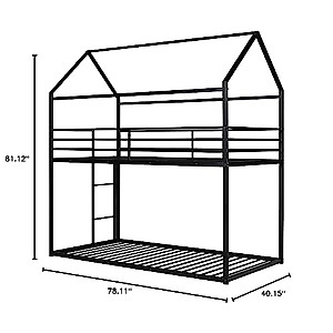 Lifeand Twin Over Twin Bunk Beds for Kids,Metal House Bunk Bed Frame with Built-in Ladder,No Box Spring Needed,Black