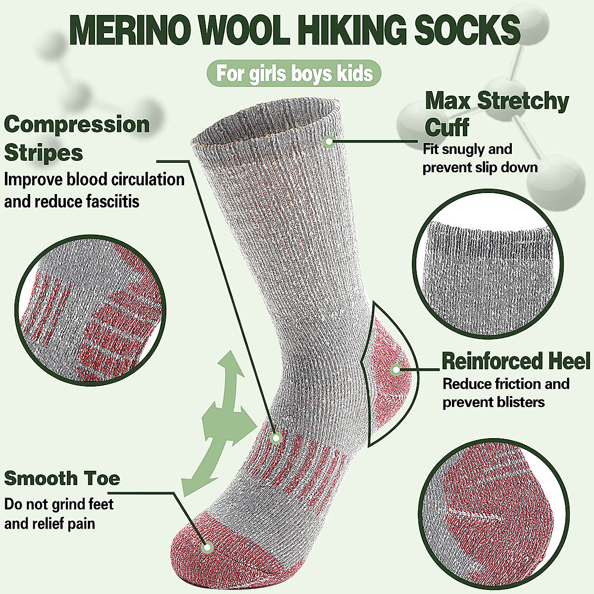 Sandsuced Kids Merino Wool Hiking Socks Girls Boys Winter Thermal Warm Cozy Boot Thick Cushion Gift Stocking Stuffers Socks 4 Pairs(Purle/Blue/Red/Grey,8-12 Years)