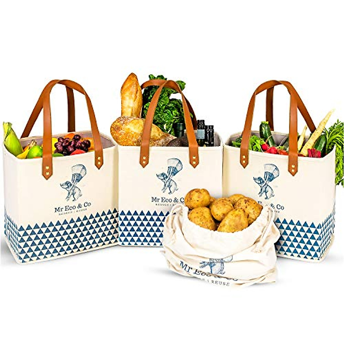 Mr Eco&Co Reusable Grocery Bags Heavy Duty - 4 Pack of Washable, Reusable Shopping Bags Made From Strong, Sturdy Leather Handles and 100% Cotton Canvas, Perfect for Shops, Markets or Storage