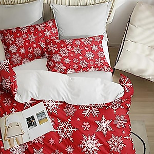 Duvet Cover Queen Size, Christmas Snowflakes Red Merry Bedding Set with Zipper Closure for Kids and Adults, Winter Xmas Crystal Comforter Cover with 2 Pillow Shams for Bedroom Bed Decor