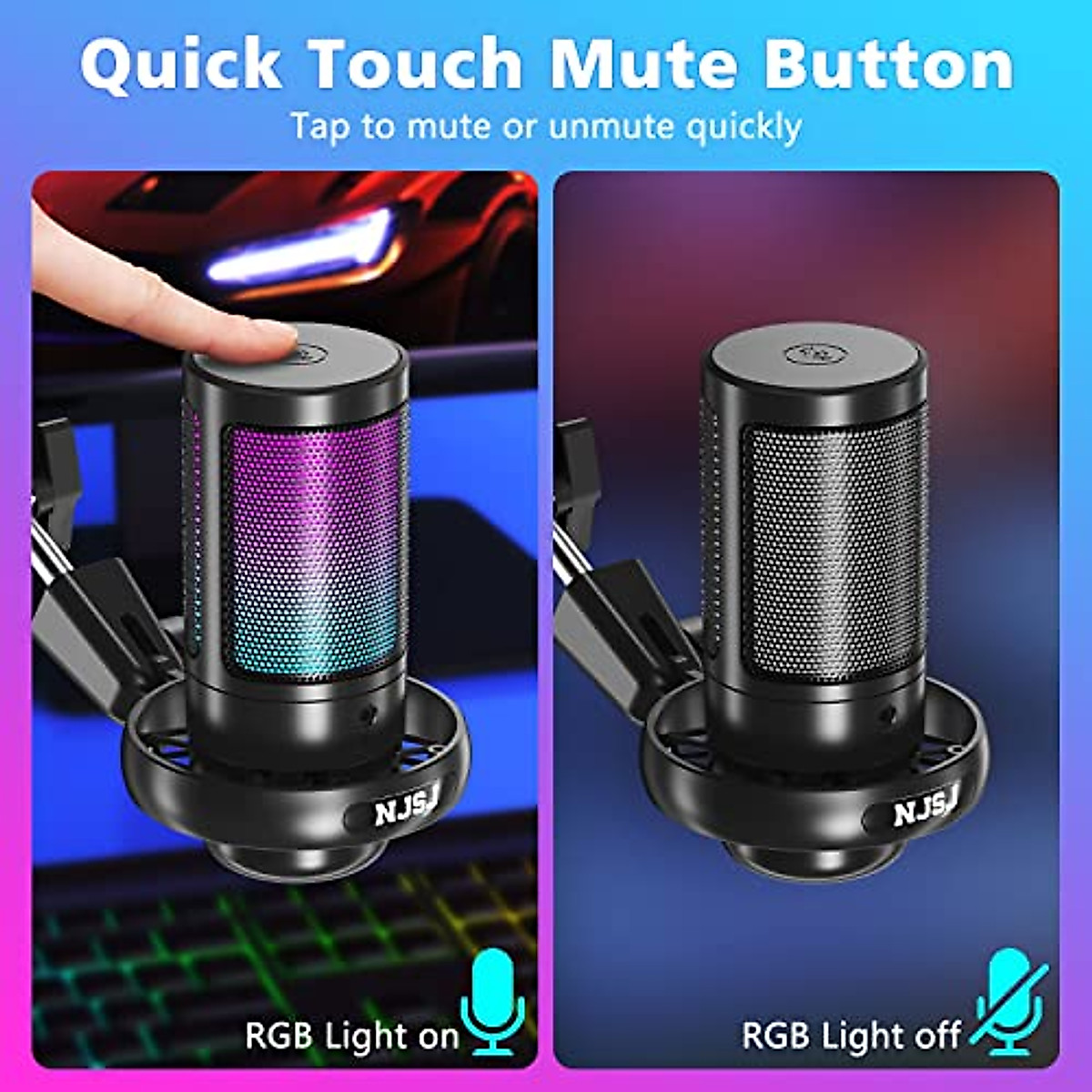 NJSJ USB Gaming Microphone for PC, Condenser Mic with Boom Arm for PS4/ PS5/ Mac/Phone with Touch Mute, RGB Lighting,Gain knob & Monitoring Jack for Streaming,Podcasting,YouTube