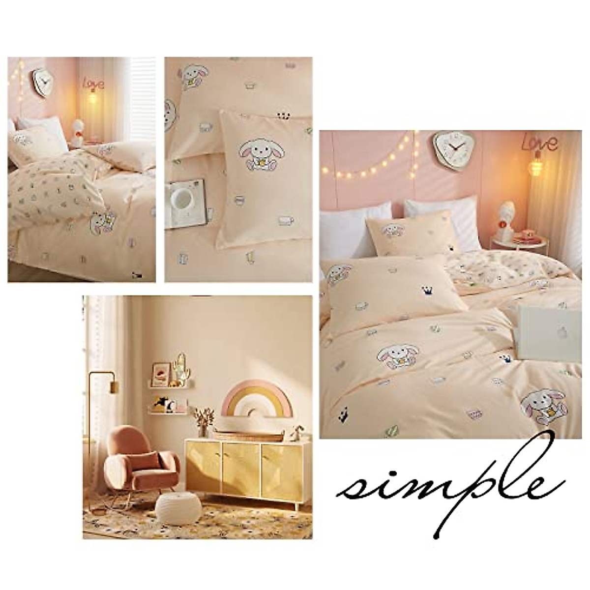 STACYPIK Girl Duvet Cover Twin Cup Rabbit Print Kawaii Soft Bedding Duvet Cover Set-Solid Pale Pink 100% Cotton Comforter Cover Bedding Collections Cute Animal for Kids Teen Women with Zipper Ties