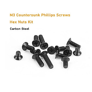 binifiMux M3 Screws Kit, M3 Flat Head Machine Screws, 360pcs (7 Sizes) M3-0.5mm Black Countersunk Flat Head Phillips Machine Screws and Hex Nuts Kit for 3D Printer Robot Project Toys RC Models