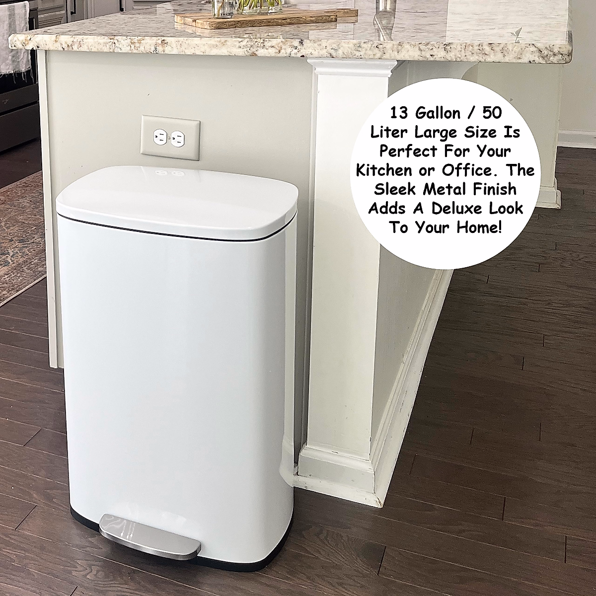 Homie 13 Gallon Kitchen Trash Can Soft Close with Anti - Bag Slip Liner and Lid, Use as Garbage Basket, Tall Dust Bin, or Decor in Bathroom, Restroom, Kitchen, or Bedroom (13 Gallon, Shiny White)