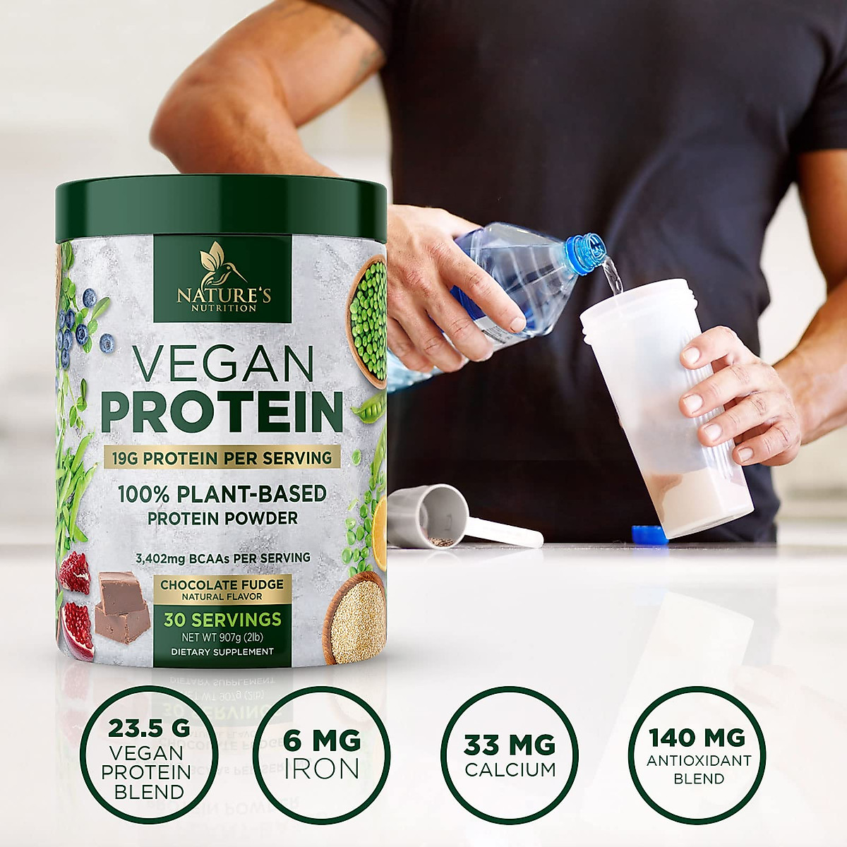 Vegan Protein Powder, Double Chocolate Fudge - 19g Protein & 100% Plant Based - Fast Absorbing Premier Protein for Smoothies & Shakes - No Lactose Ingredients, Gluten Free, Non-GMO - 30 Servings