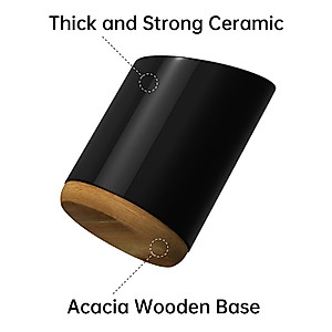 KARRYOUNG Ceramic Utensil Holder for Kitchen Countertop – Cooking Utensil Caddy Organizer with Acacia Wooden Base,5.5 x 7.5 Inches,Black