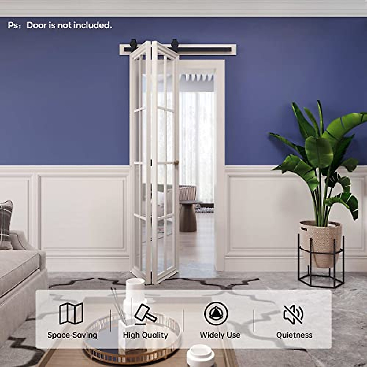 FINOSEN 46 inch Bifold Barn Door Hardware Track Kit for Two 21 inch Closet Doors,Top Mount Sliding System,Heavy Duty Roller,Smoothly and Quietly,Black(Bifold Door Not Included)