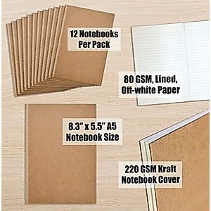 Kraft Notebooks with Lined Paper, Bulk Pack 8.3 in x 5.5 in, A5 Size, 60 Lined Ivory Pages, 80 gsm, by Better Office Products, Soft Cover Composition Notebooks, Stitched Spines, Kraft Travel Journals (12 Pack)