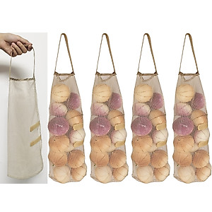 Hanging Mesh Storage Bags 5Pack Potatoes Bags Onion Bags Mesh Garlic Net Bags Long and Large Reusable Net Storage Produce Bags (Beige)