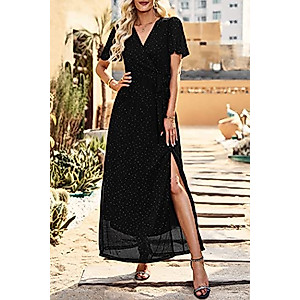 PRETTYGARDEN Women's Summer Maxi Glitter Dress Wrap V Neck Ruffle Sleeve Cocktail Party Long Dresses with Slit (Black,Small)