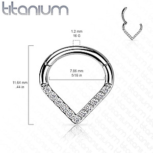 Dynamique Implant Grade Titanium Hinged Segment Hoop Ring With Single Line CZ Paved Chevron (Sold Per Piece)
