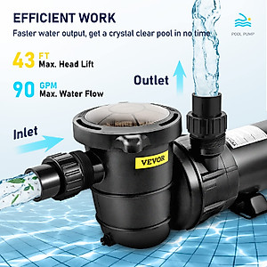 VEVOR Swimming Pool Pump, 2.0HP 115 V, 1500 W Single Speed Pumps for Above Ground Pool w/ Strainer Basket, 5400 GPH Max. Flow, Certification of ETL for Security
