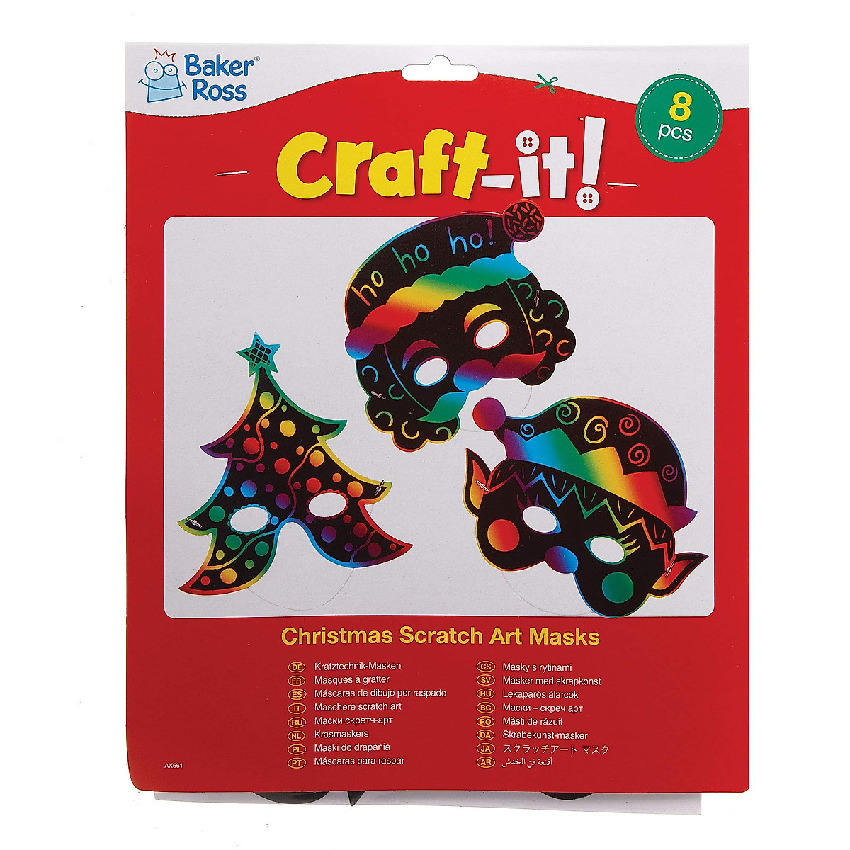 Baker Ross AX561 Christmas Scratch Art Masks for Dress Up Play - Pack of 8, Magic Scratch Art and Craft Kits for Kids Xmas Eve Activities