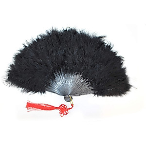 9 Colors Marabou Large Feather Fan 23"X12"for Dancing, Party, Wedding,Bridal Bouquet Deco (Black w/Black Staves)