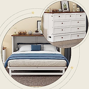 Melpoemene Murphy Bed Chest with Charging Station,Queen Size Murphy Cabinet Bed with 2 Drawers,White+Walnut