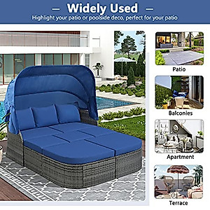 Merax Outdoor Patio Rattan Daybed Sunbed with Retractable Canopy, Sectional Conversation Sofa Set for Backyard and Porch, Blue