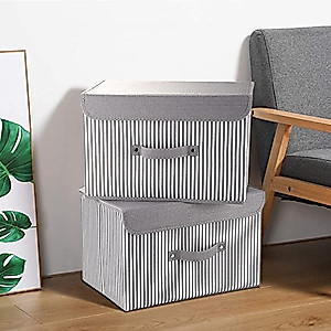 mee'life Foldable Storage Boxes with Lids 2 Pack Linen Fabric Storage Bins with Lids, Closet Organizers and Storage Baskets Cubes for Home Bedroom Closet Office (Grey Stripes, 14.9x9.8x9.8in)
