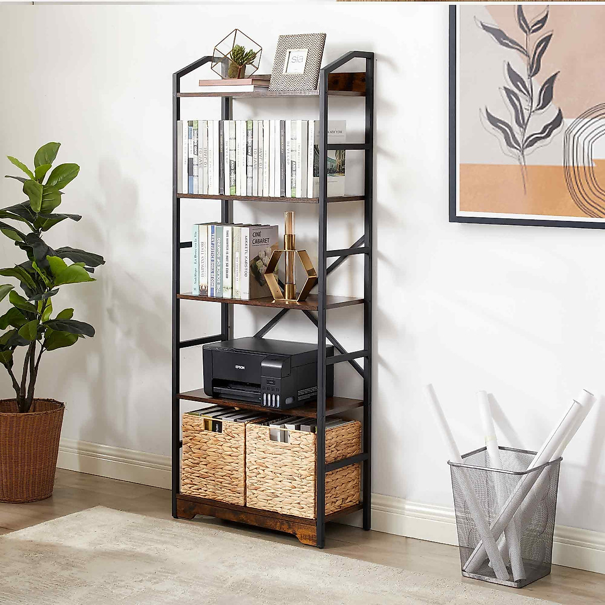 Vagusicc 5 Tier Bookshelf with 2 Storage Baskets, Tall Bookcase Shelf Storage Organizer Wood Book Shelf, Modern Shelf Rack Shelves with Steel Frame, Multipurpose Bookshelf for Bedroom Living Room